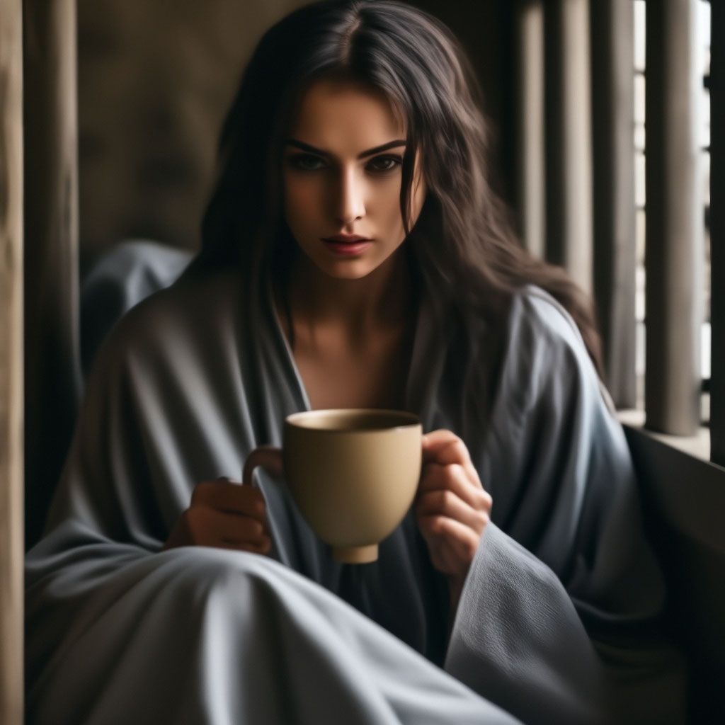 "A girl on a bunk in a very loose gray cotton robe drinks very strong ...