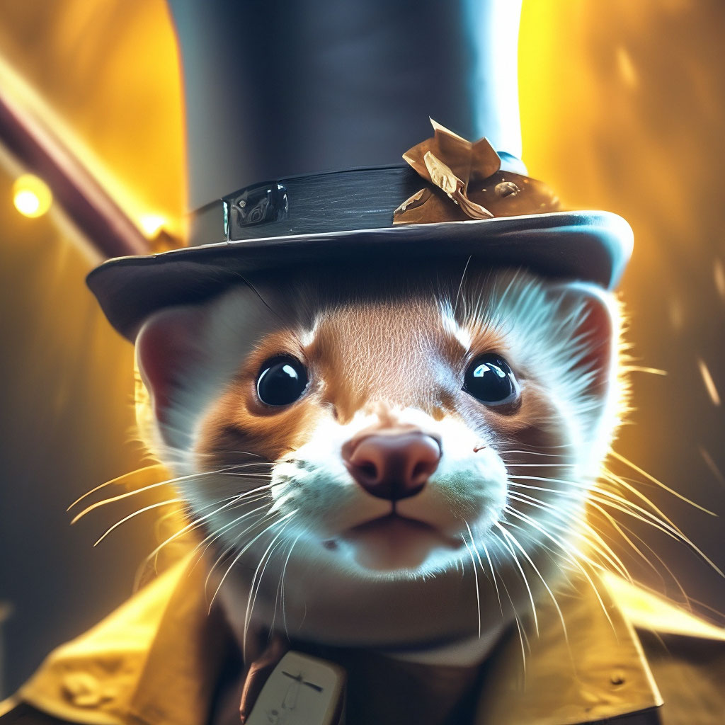 "A ferret magician, with a wand and a top hat, a raincoat and a rabbit ...