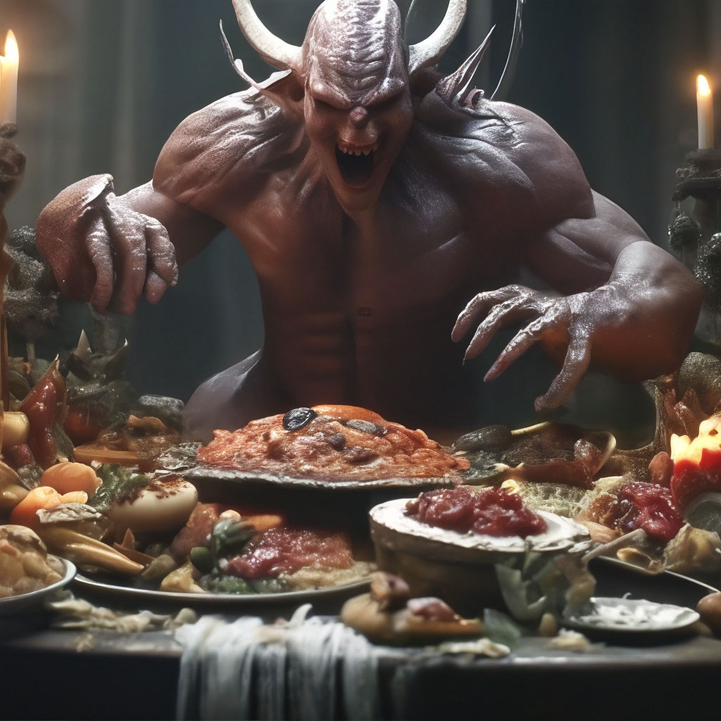 "The demon of gluttony, horror, at a huge table with various phenomena ...