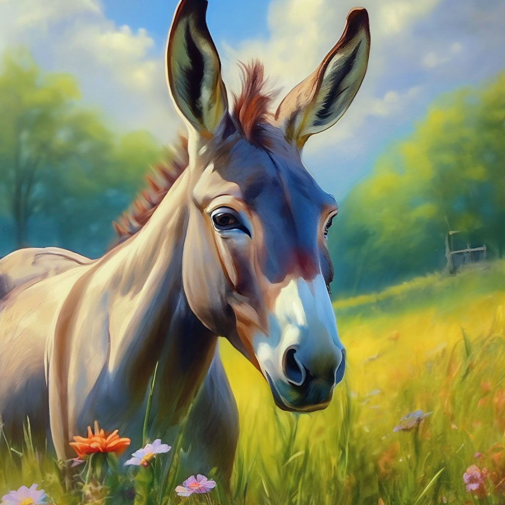 "A donkey in a meadow, grazing grass, the beauty of nature, fantasy art ...