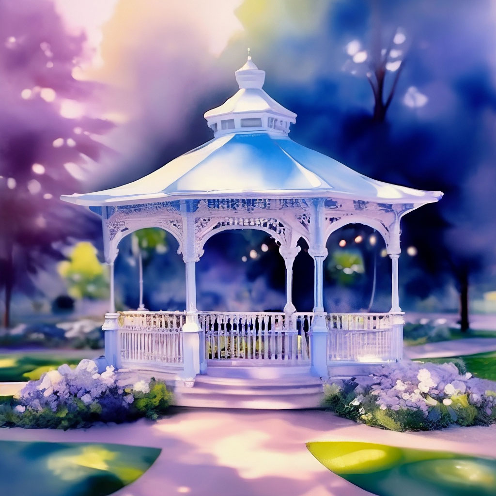 "A lilac-white-blue gazebo in a luxurious park.Delicate, white,lilac ...
