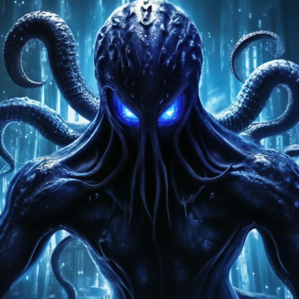"An ancient octopus demon in human form, a dark shell covered with ...