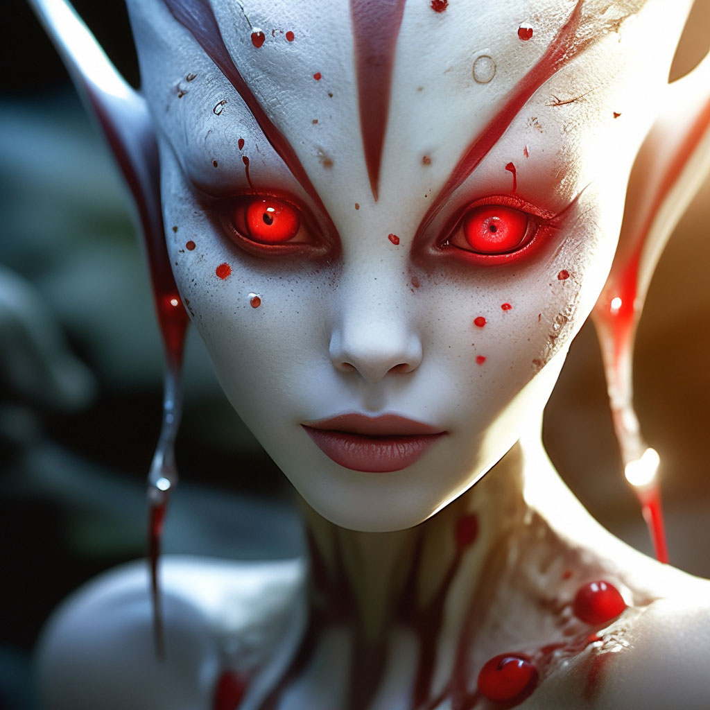 "Wonderful alien girl, piercing gaze, sinister smile, huge creepy white ...