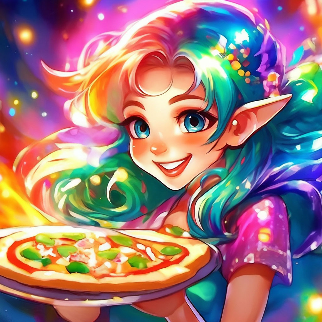 "Fabulous, joyful charming elf girl rainbow hair, cooks delicious pizza ...