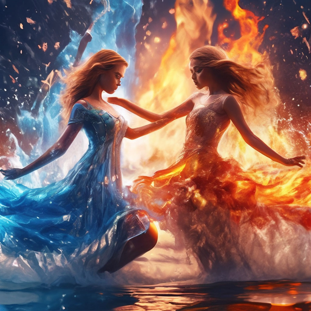 "Girl fire and girl water, dress made of fire and water intertwine ...