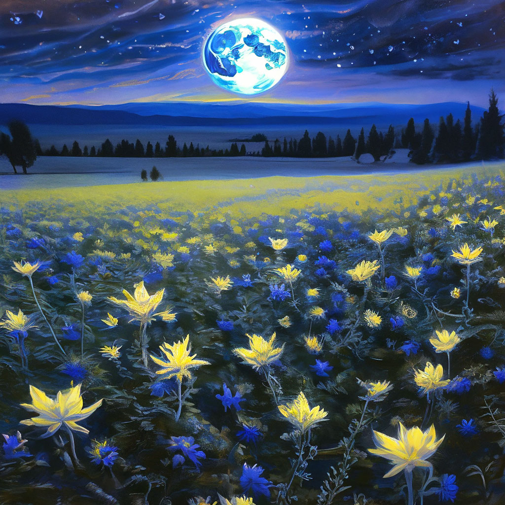 "The field of lycorises permeated by the moon" — image created in Shedevrum