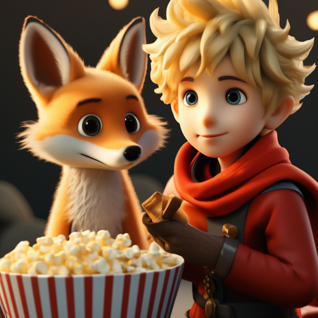 "Little Prince Exupery and the fox cub eat popcorn, look straight ...