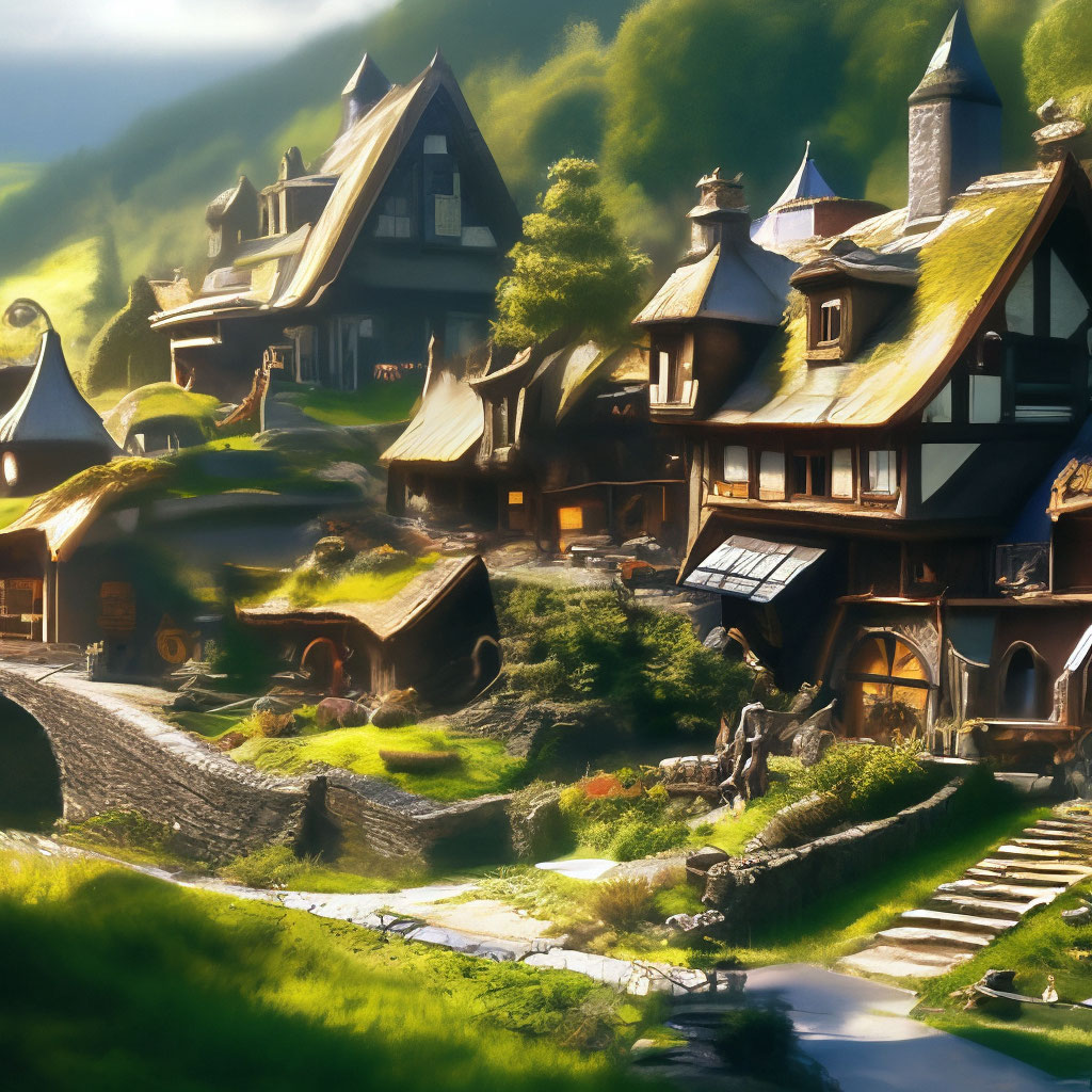 "Hobbit village foreground, clear details Hyperrealism,foreground ...