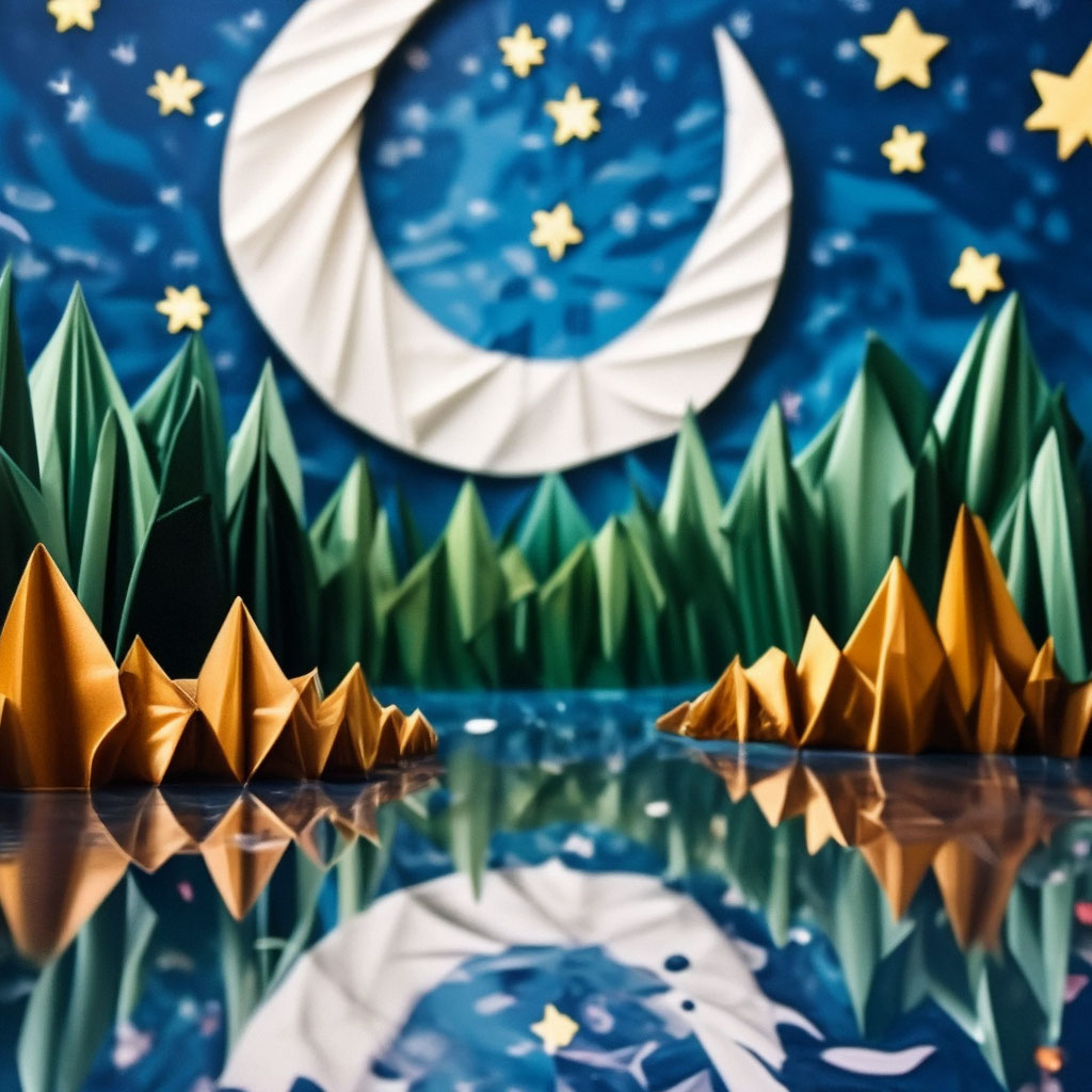 "Landscape of the abstract origami world. Starry night. Origami-moon ...