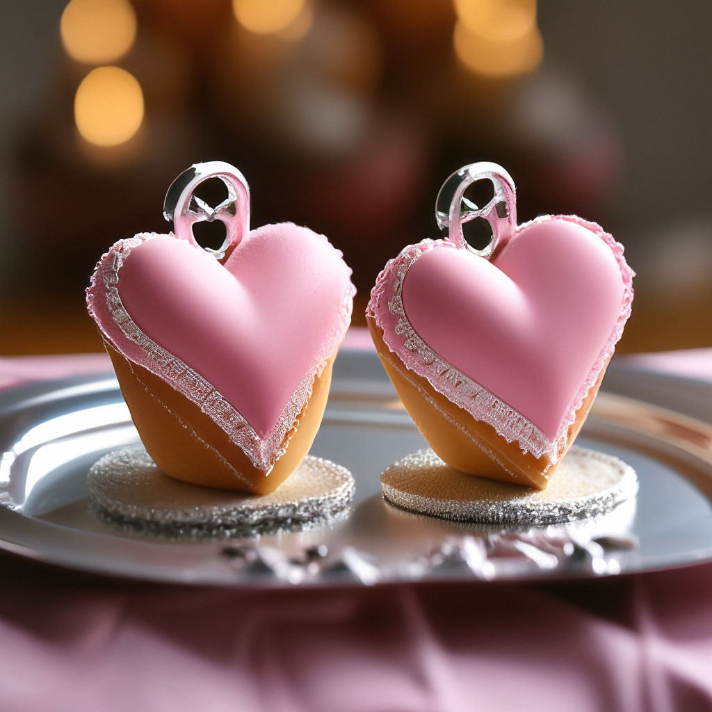 "Cakes in the form of two pink hearts with keyholes are fastened with a ...