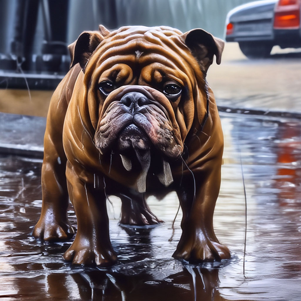 "Rain, bulldog, lowering his head low, sadly walks through puddles on ...