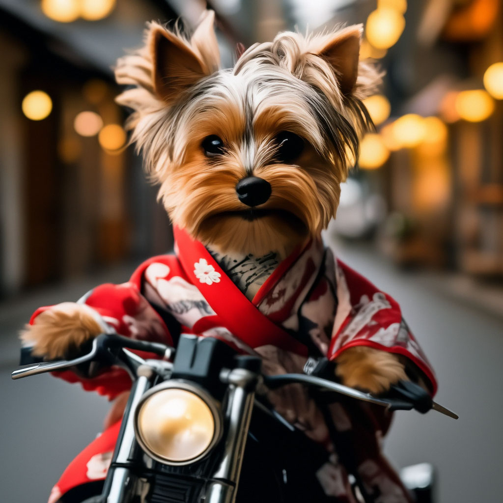 "A Yorkshire terrier in a kimono rides a motorcycle" — image created in ...