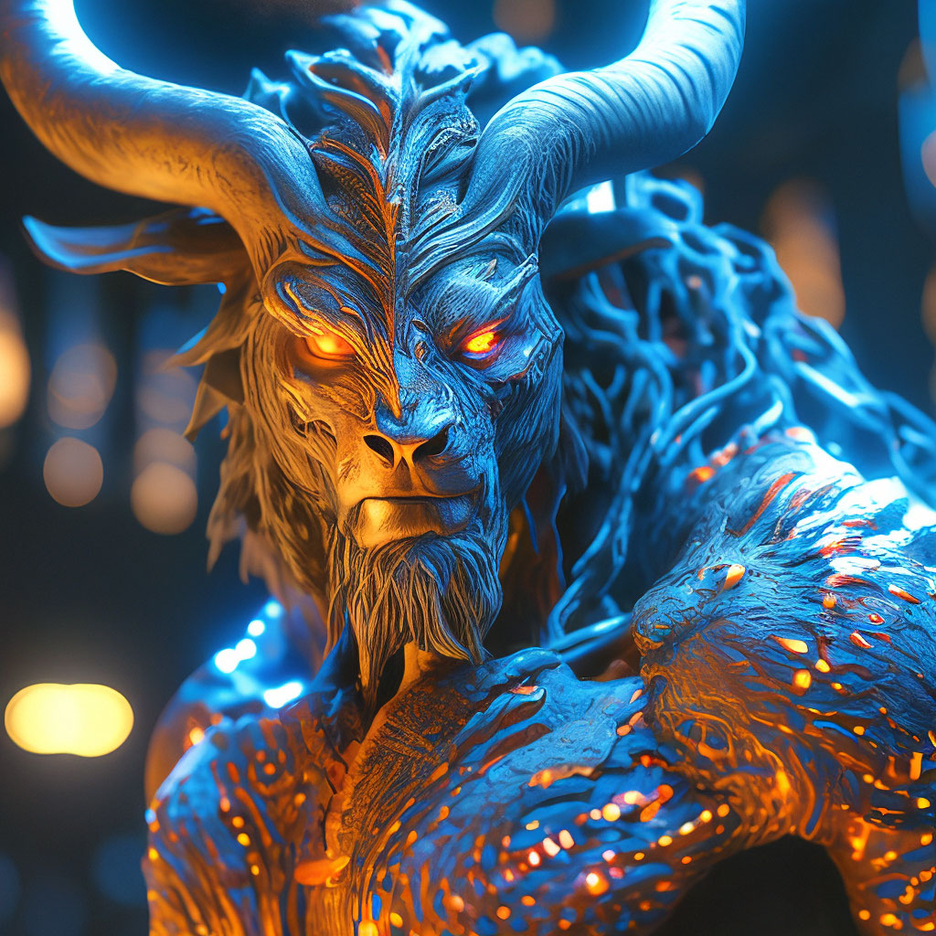 "Megarealism, high detail, minotaur, blue black orange neon ...