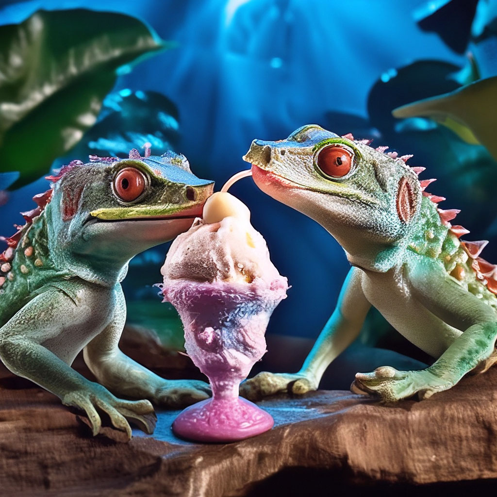 "Lizards eat ice cream" — image created in Shedevrum