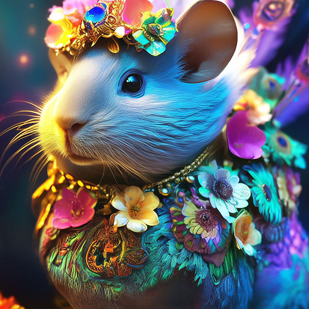 "Guinea pig-dragon-peacock, in a flower collar, with dragon wings, wool ...