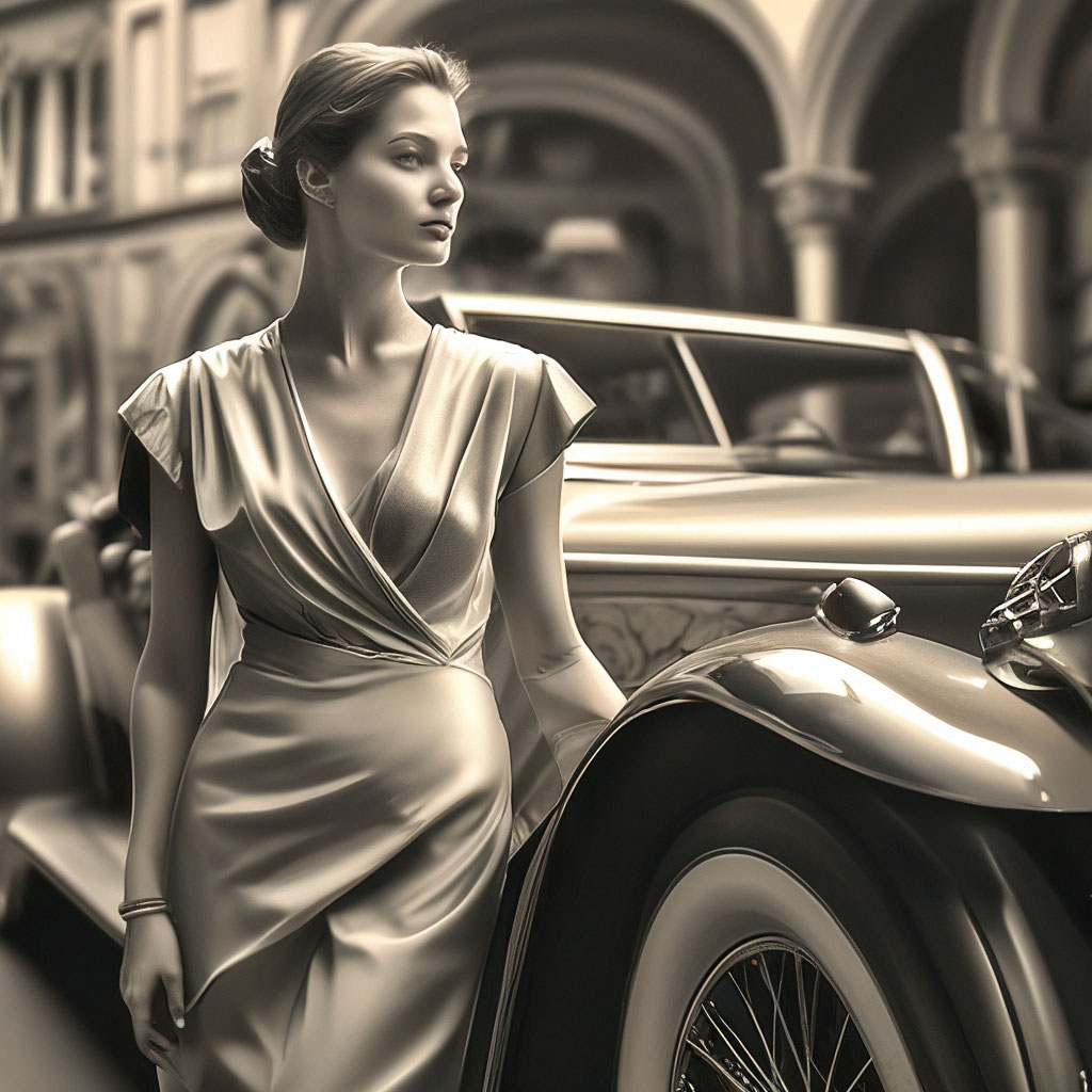 "Engraving,mezzotint,lady next to the car,hyperrealism ...