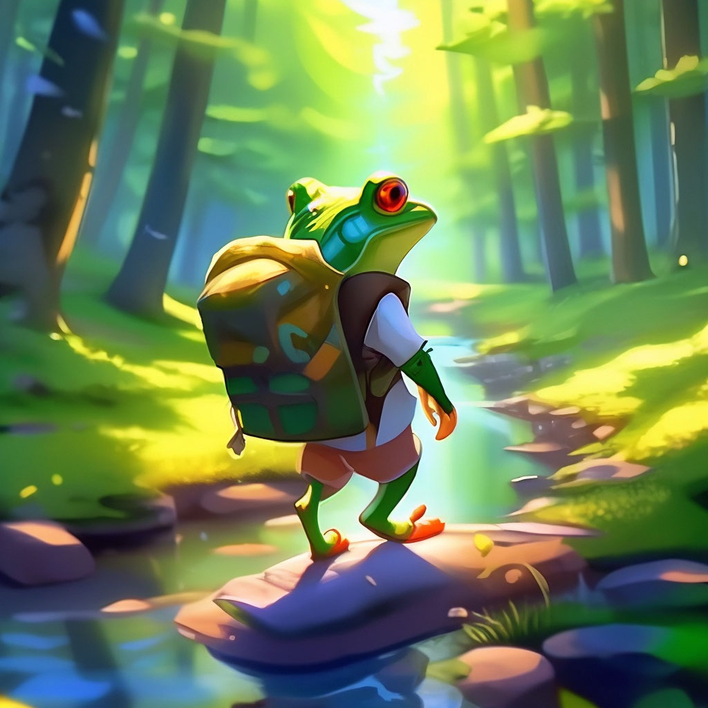 "The frog is a traveler, a cute anthropomorphic frog with a backpack ...