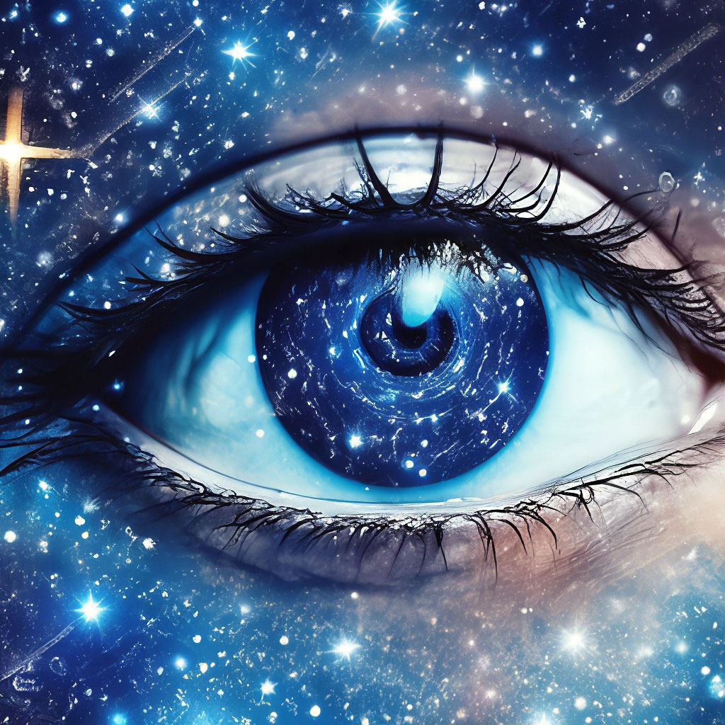 "Bright constellation of eyes deep cosmic background blue monochrome ...