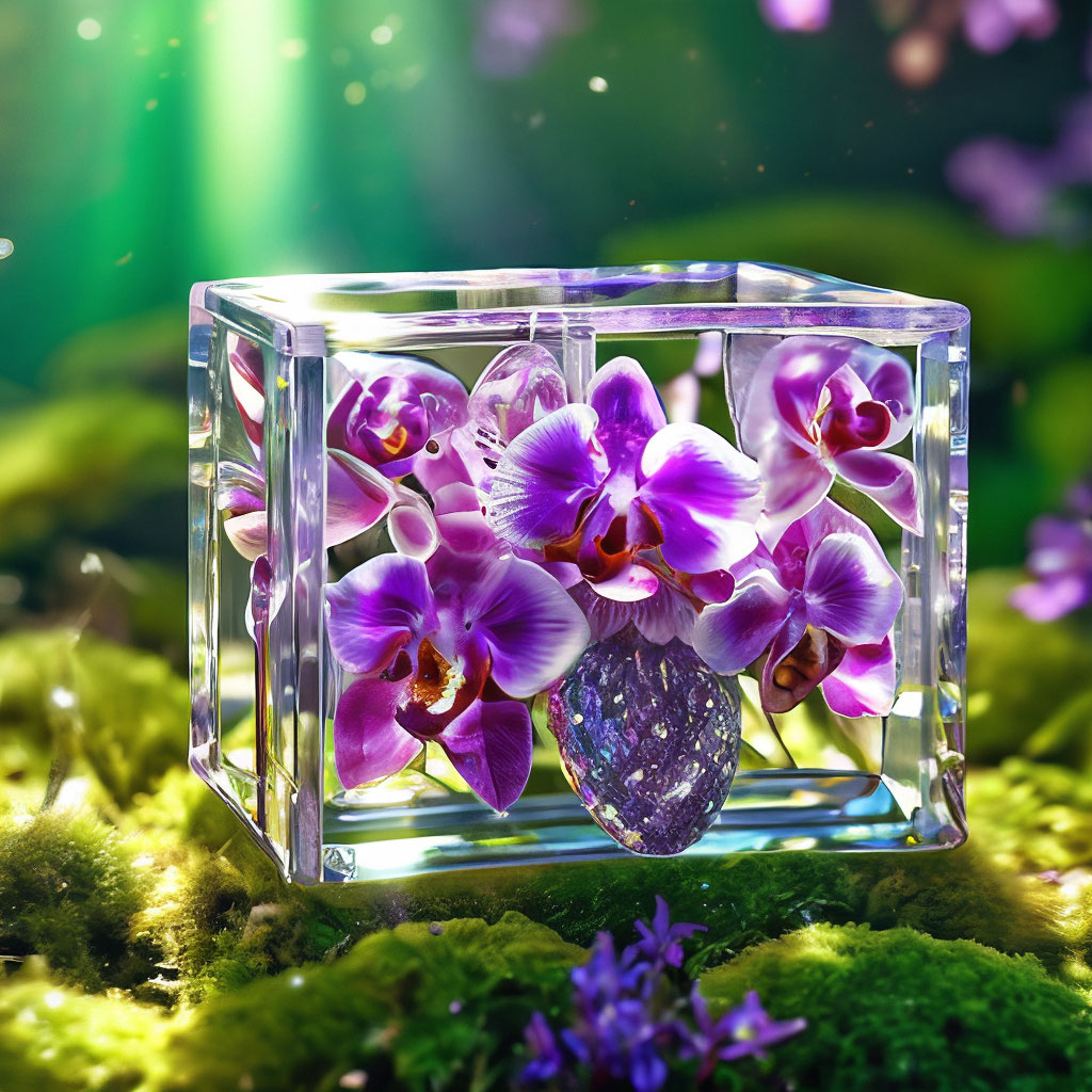 "Crystal shining box with purple orchids inside, sequins, soft light ...