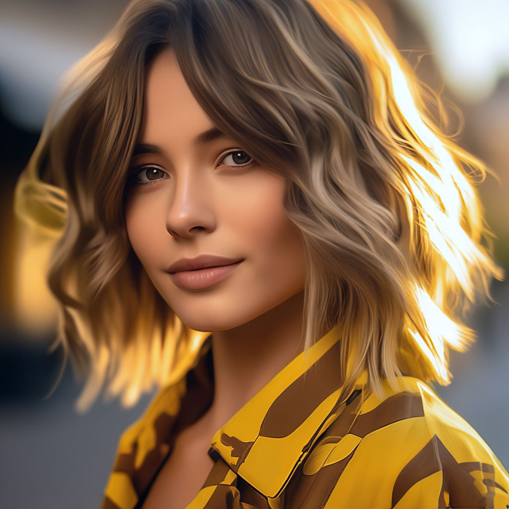 "Beautiful girl in street style, cascade haircut, complex hairstyle ...