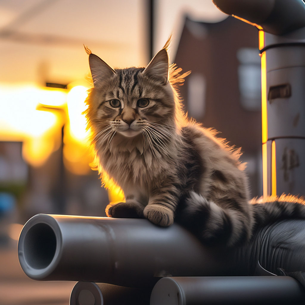 "Stuffed meow sat on a pipe, disheveled street cat, aesthetically ...