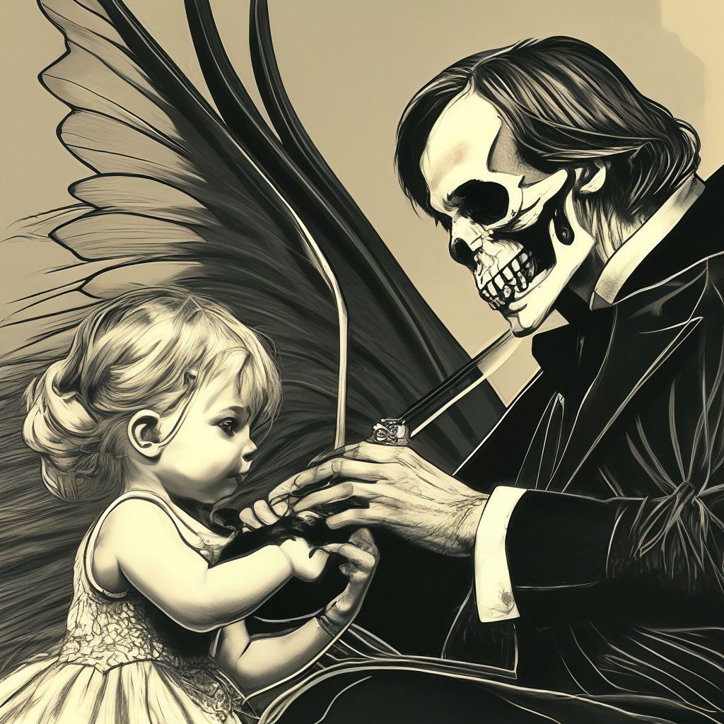 "Death in a black tailcoat teaches baby fairy to play the violin ...