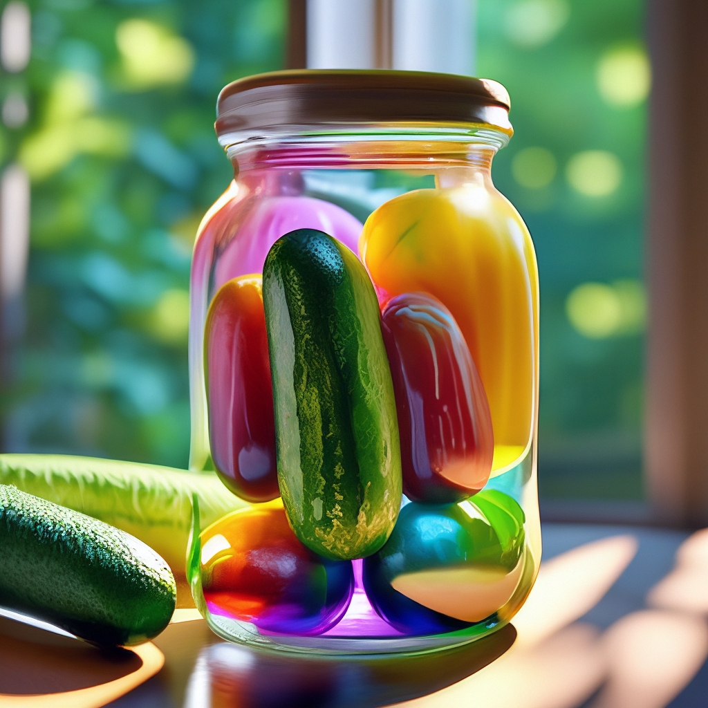 "Rainbow cucumbers in a beautiful glass jar in nature, realistic ...