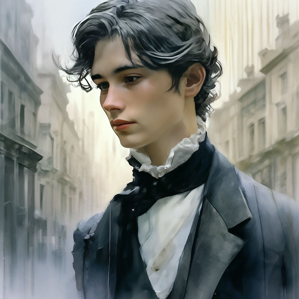 "Watercolor on raw, delicate, subtle drawing with black ink, a young ...