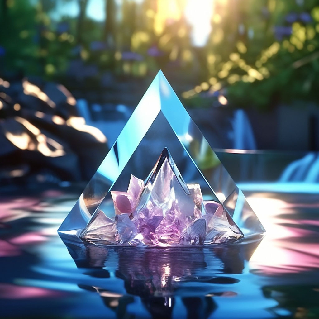 "Luminous crystal triangles over a circular waterfall, crystal water ...