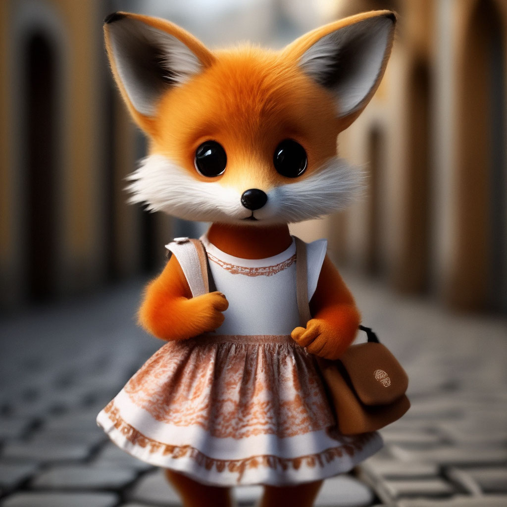 "A very cute realistic fox with big eyes in a beautiful sundress and ...