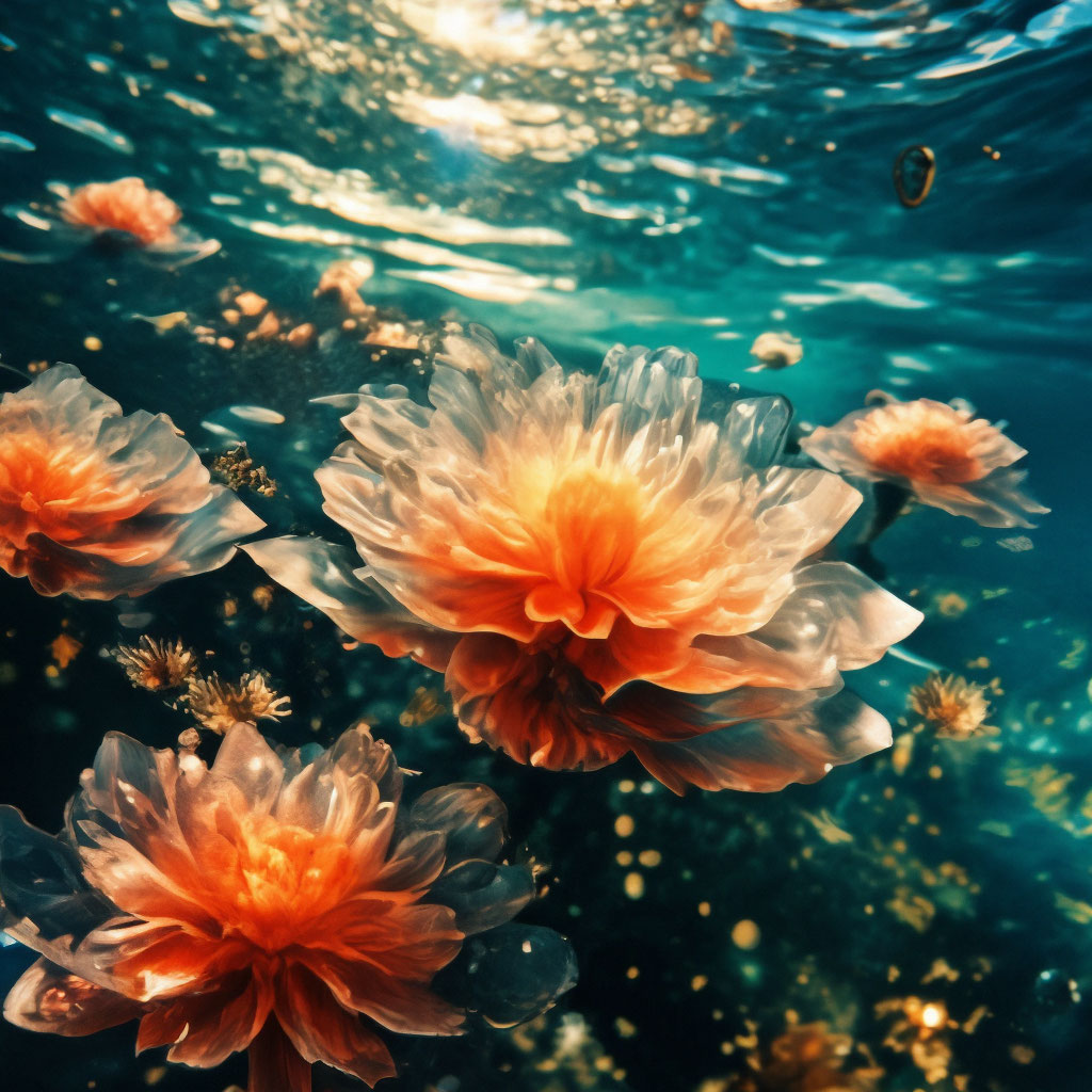 distorted flowers inside the ocean, sun rays, glitter, black bottom ...