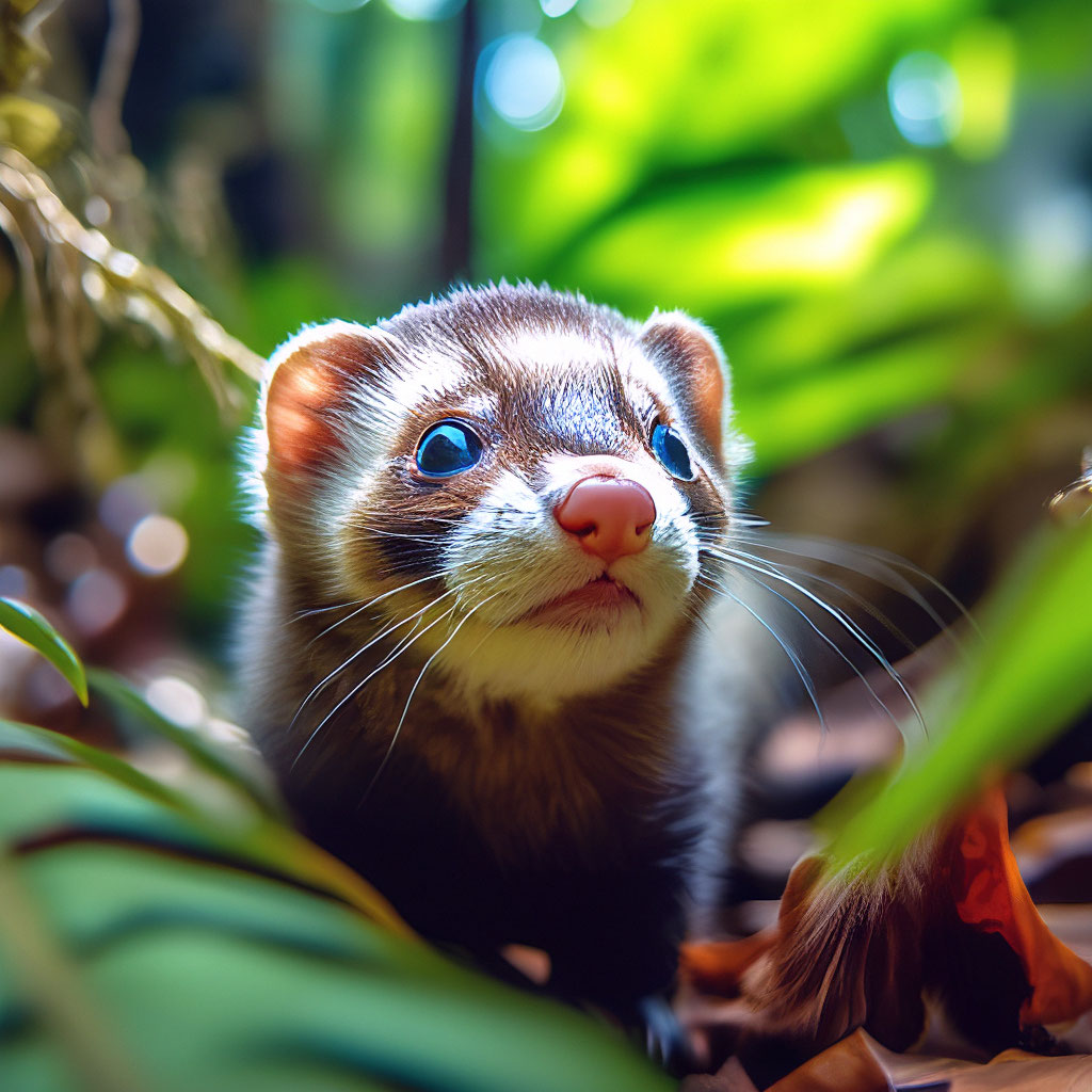 "A small ultra cute cute ferret with big eyes walks in the jungle ...