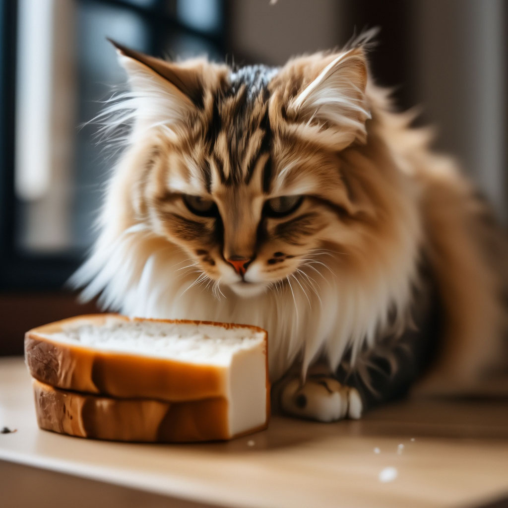 "Fluffy cat eats bread" — image created in Shedevrum