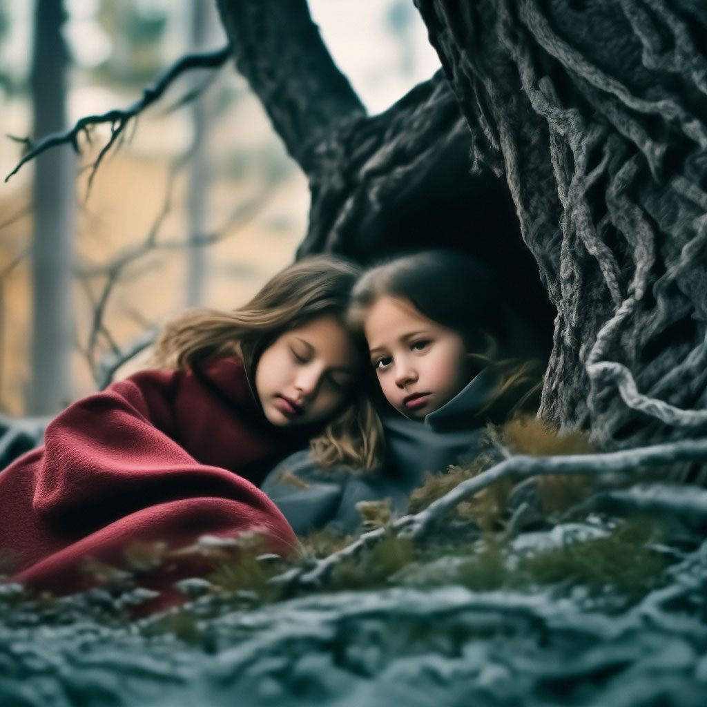"Fantasy. professional photo. a large pine tree. Two children are ...