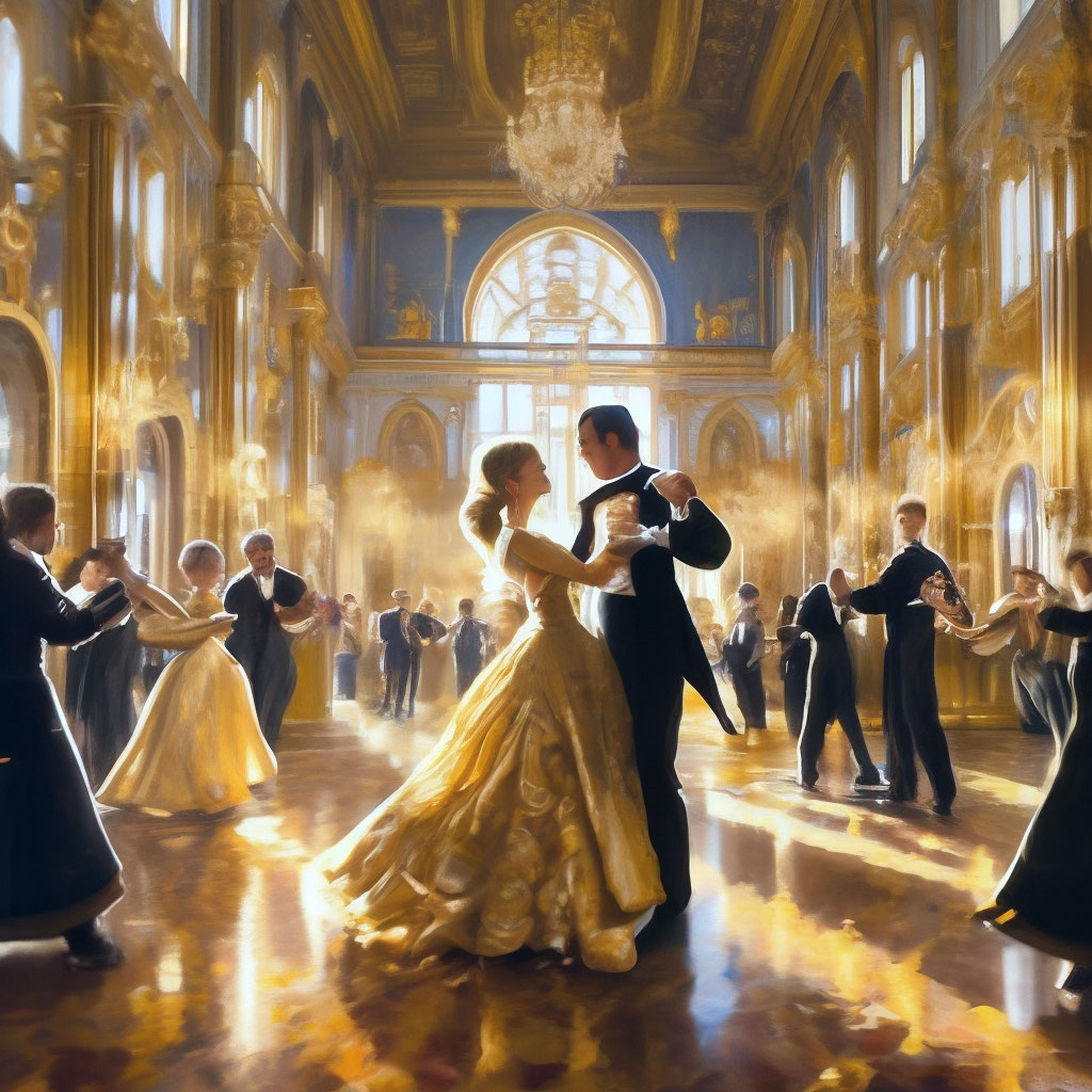 "Royal ball in the golden hall of the palace, ladies dancing with ...