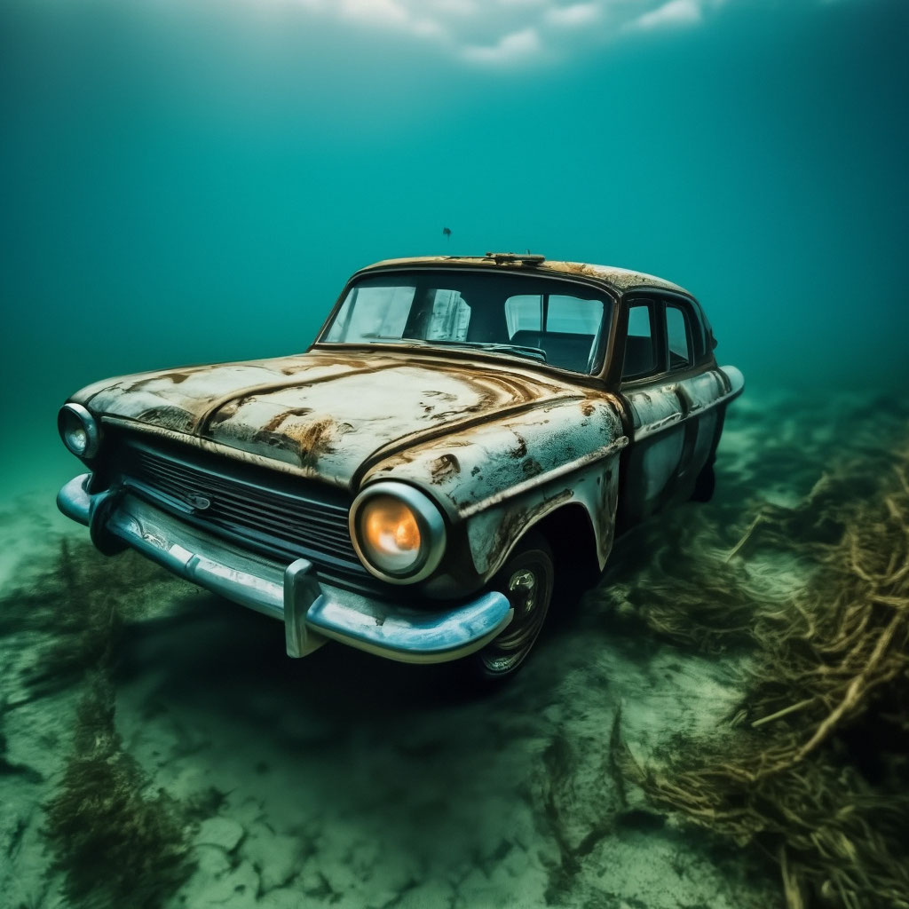 "Graveyard of cars, underwater at the bottom of the lake" — image ...