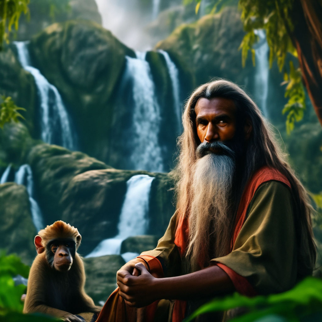 "Indian hermit in the jungle on the background of a beautiful waterfall ...