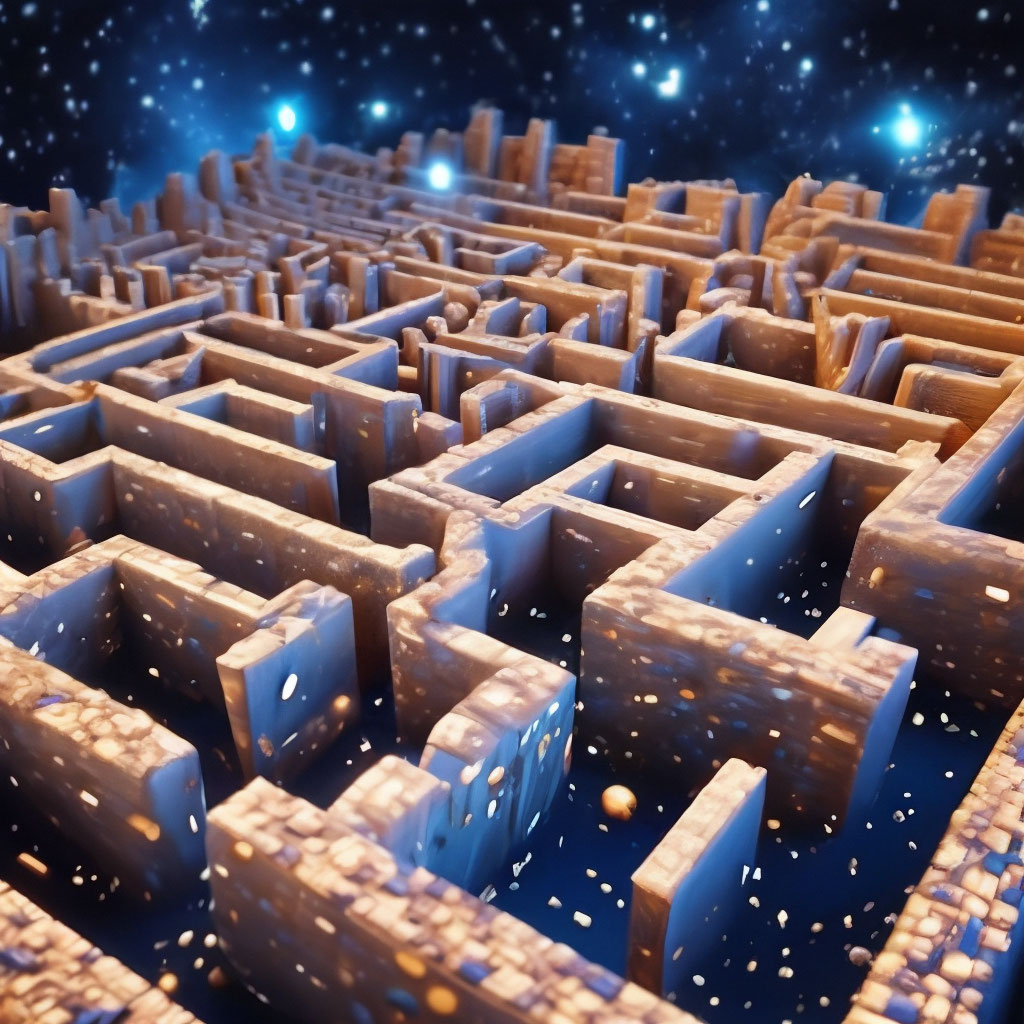 "Three-dimensional maze in the outer space of small stars, high detail ...