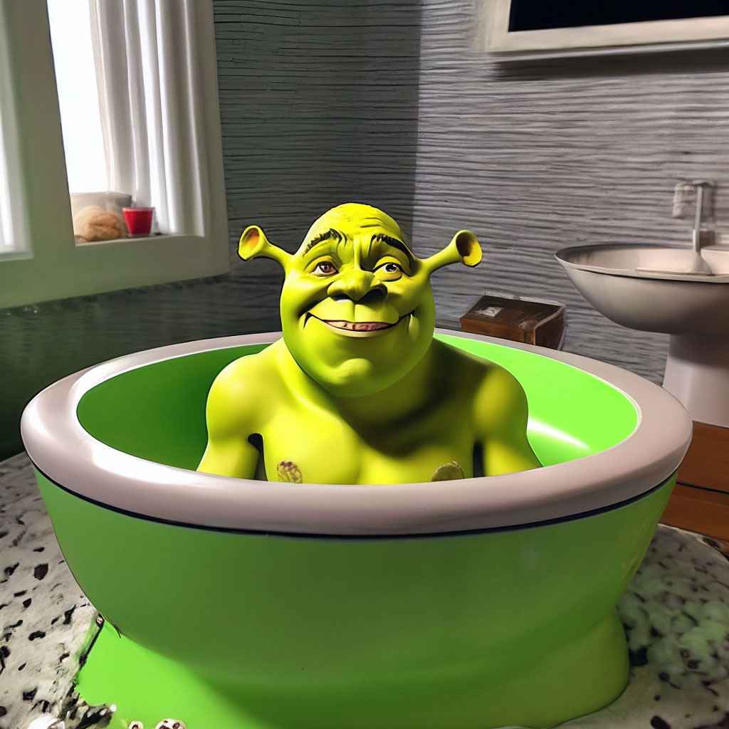 "7 shrek's point on the toilet bowl on diarrhea TV" — image created in ...