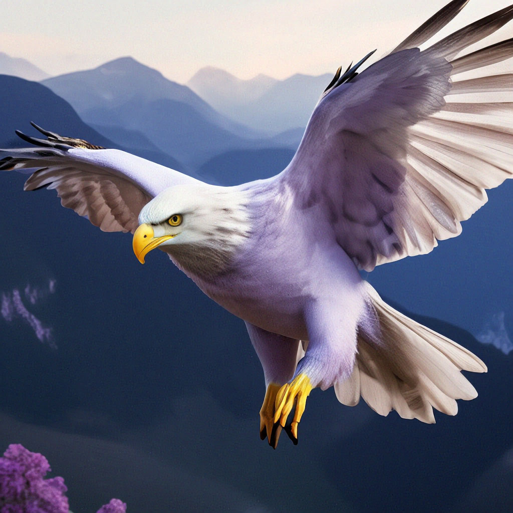 "A white and purple eagle of lavender flies out of the mountain, light ...