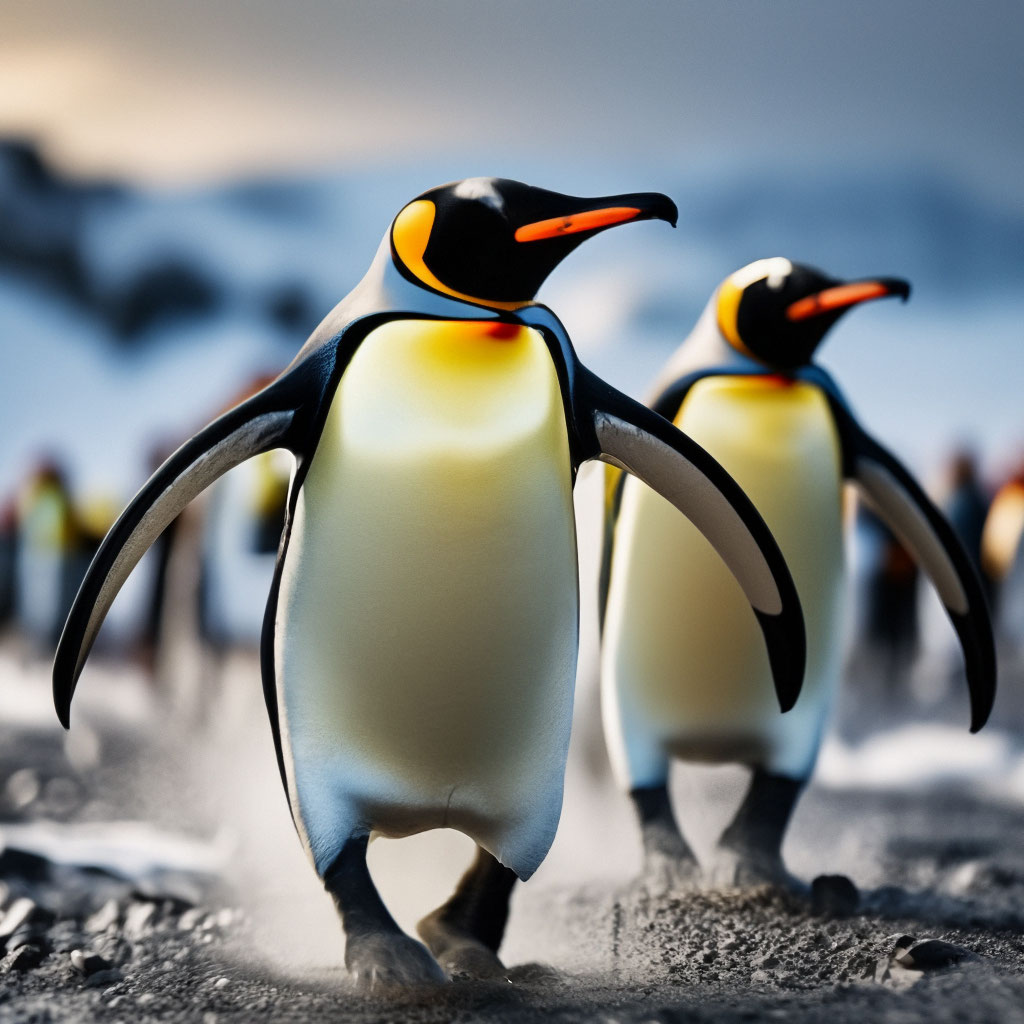 "A big king penguin runs after another big king penguin aesthetically ...