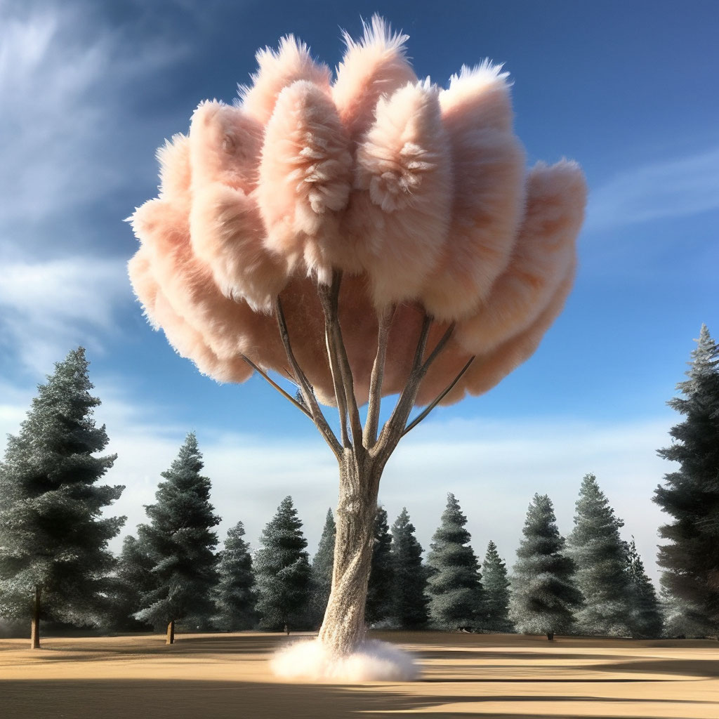 "Fluffy fur balloons over trees made of feathers, realistic ...