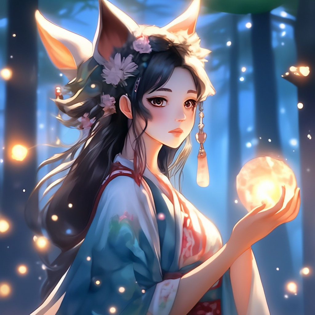 "Beautiful kitsune demon girl in hanfu, magical forest, twinkling ...