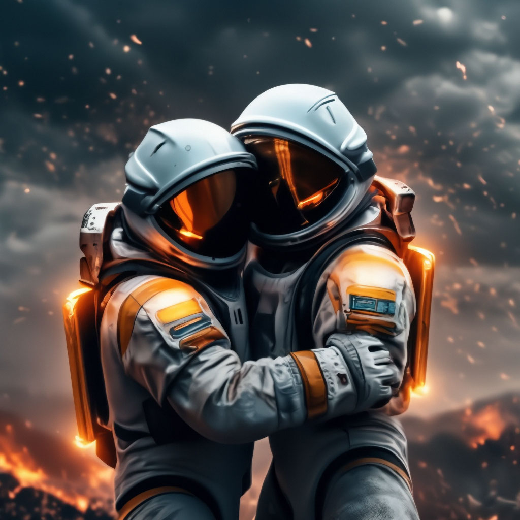 "Two astronauts hug in zero gravity in the middle of space and stars ...
