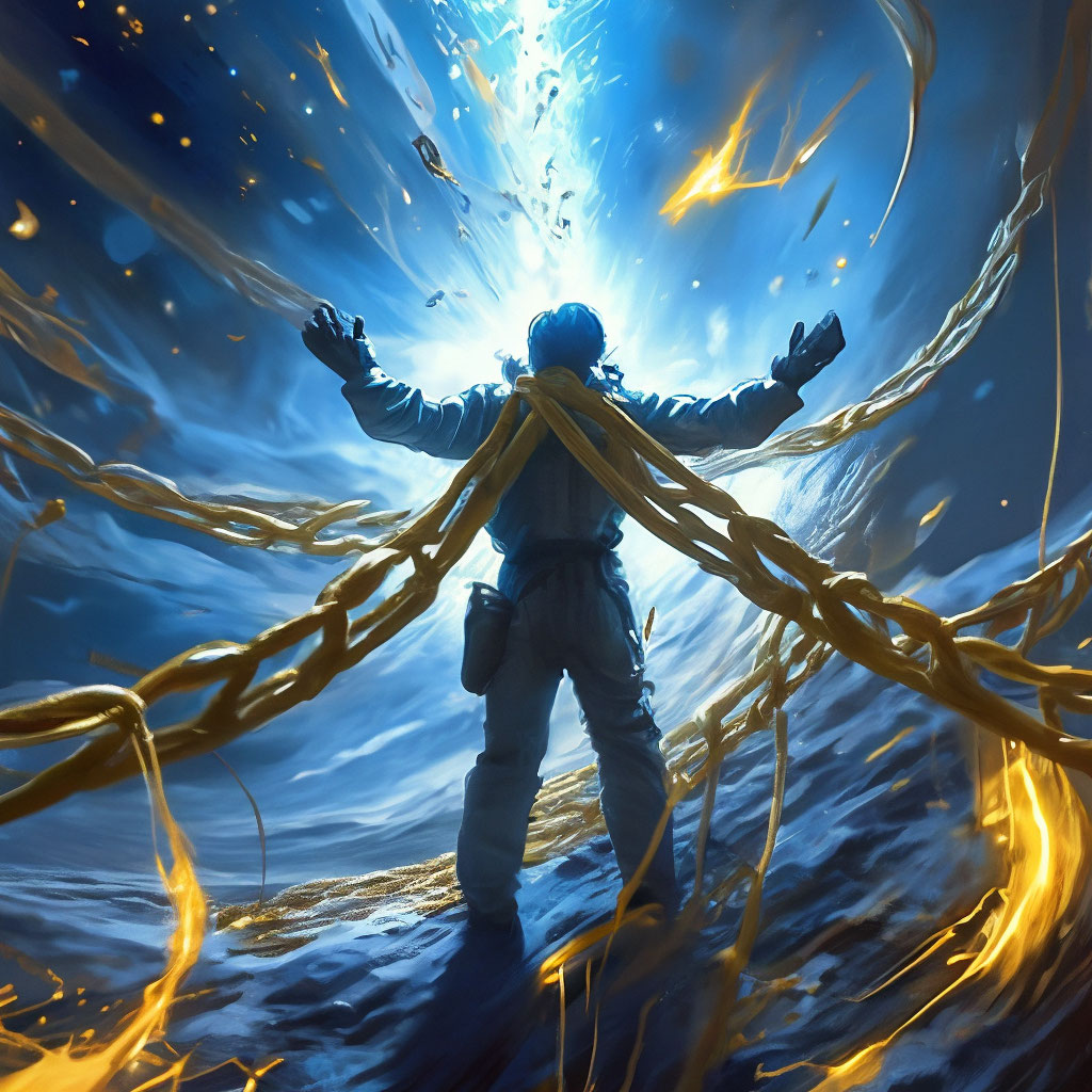 "A man in space tears the ropes that tied his hands, digital painting ...
