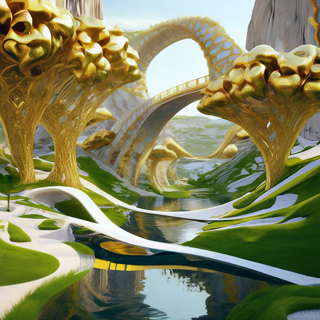 "Surreal landscape, bridge, Gaudi style golden river, golden spherical ...