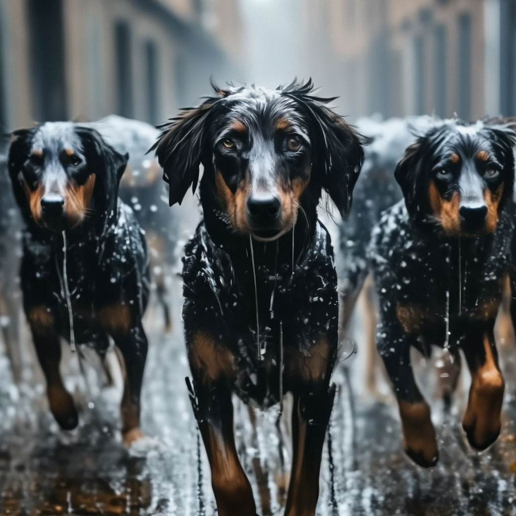 "A pack of dogs in the rain ." — image created in Shedevrum