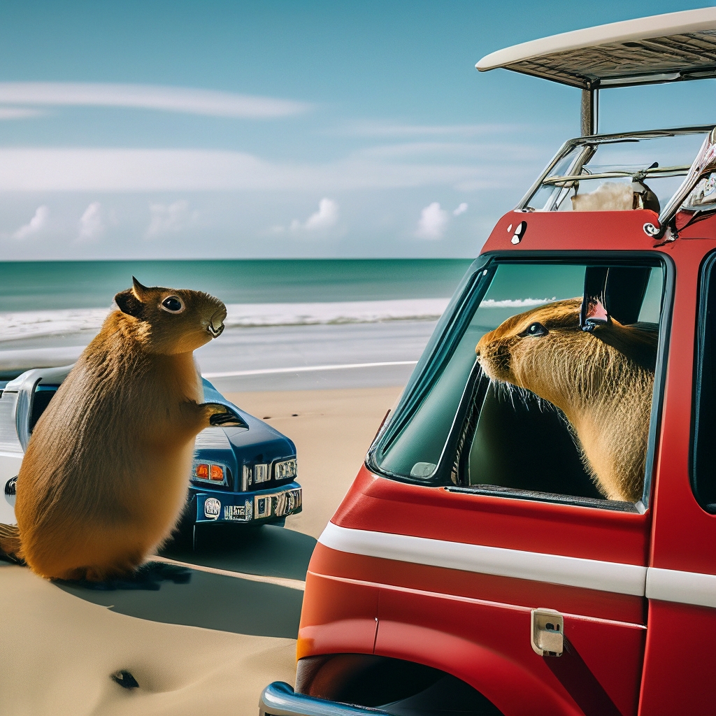 "Van, on the van a picture with capybaras on the beach" — image created ...