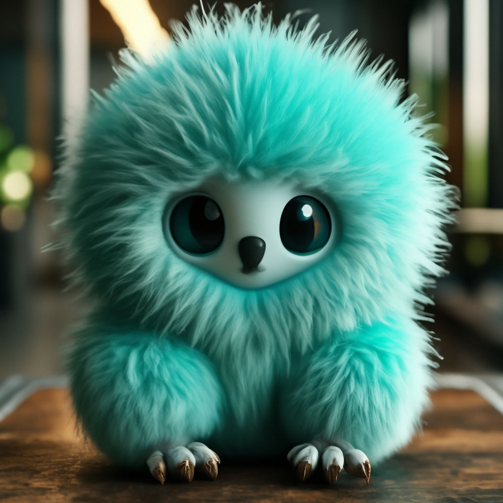 "Alien fluffy creature of pearl color with turquoise fur, aesthetically ...