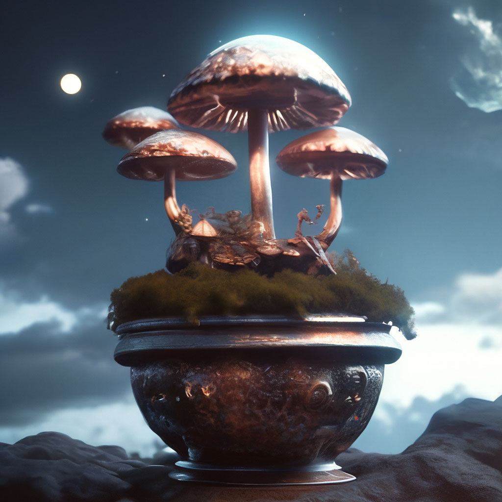 "Moon mushroom grows in a flower pot in the sky" — image created in ...